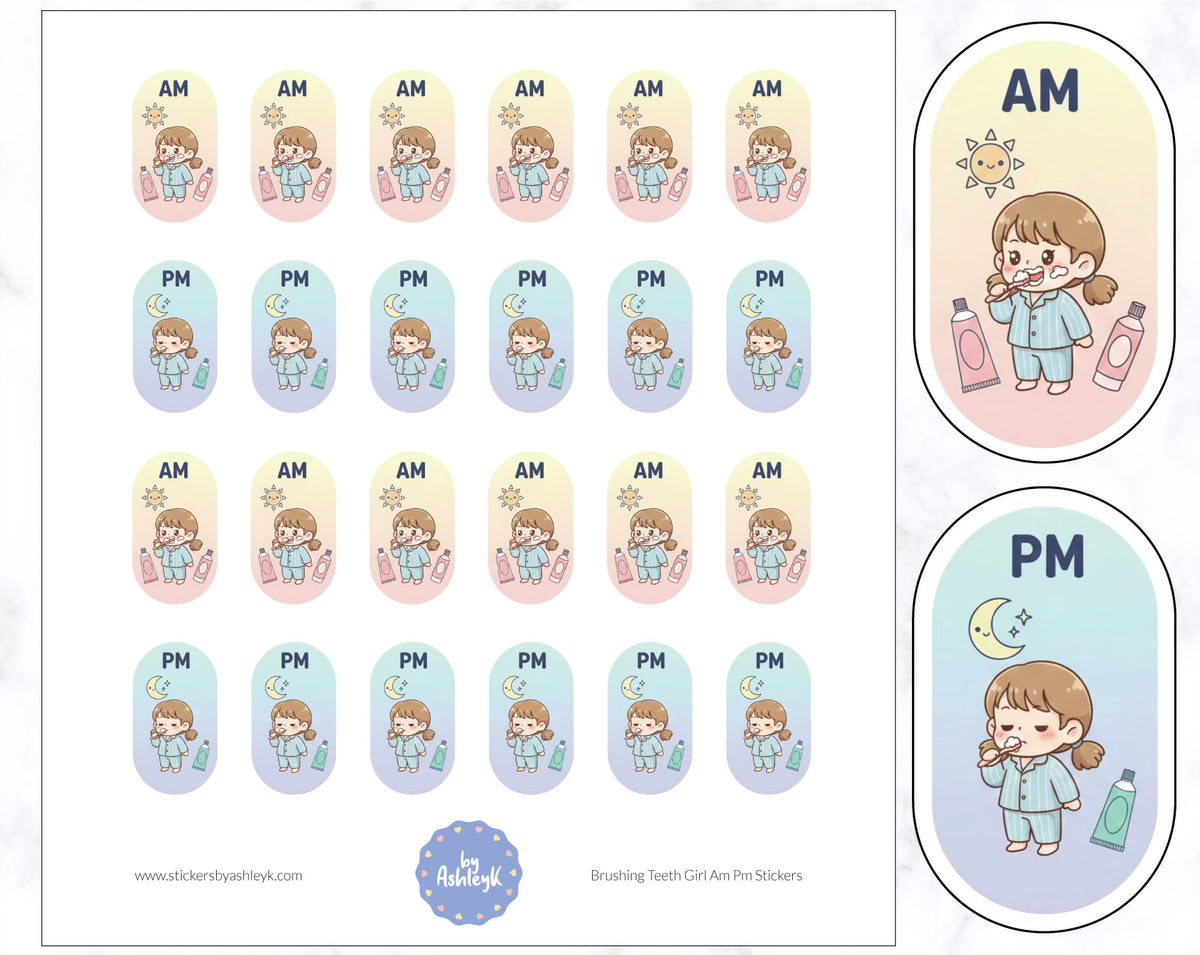 Brushing Teeth Girl Am Pm Stickers – Stickers by AshleyK