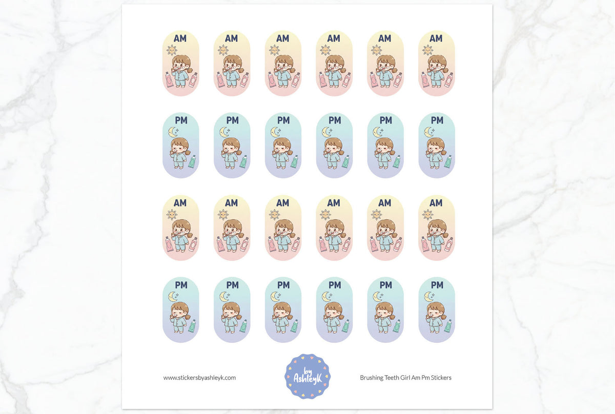 Brushing Teeth Girl Am Pm Stickers – Stickers by AshleyK