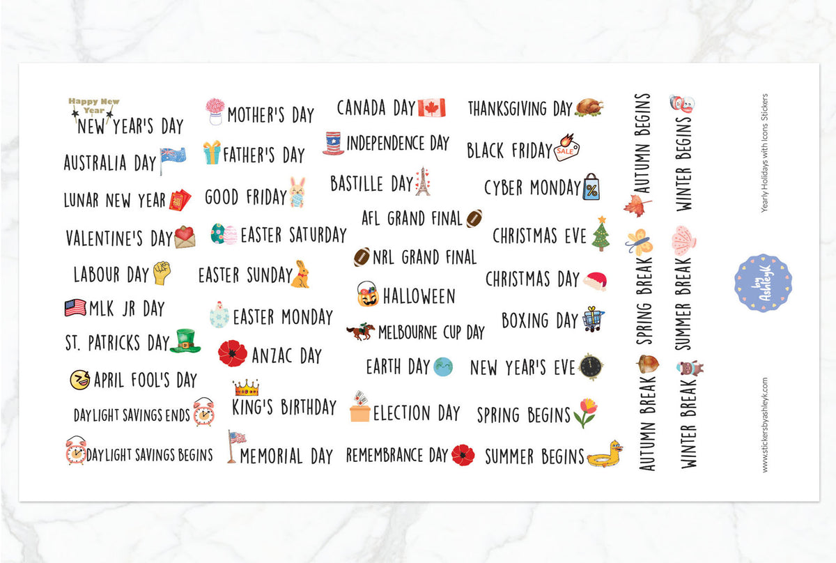 Yearly Holidays With Icons Planner Stickers – Stickers by AshleyK